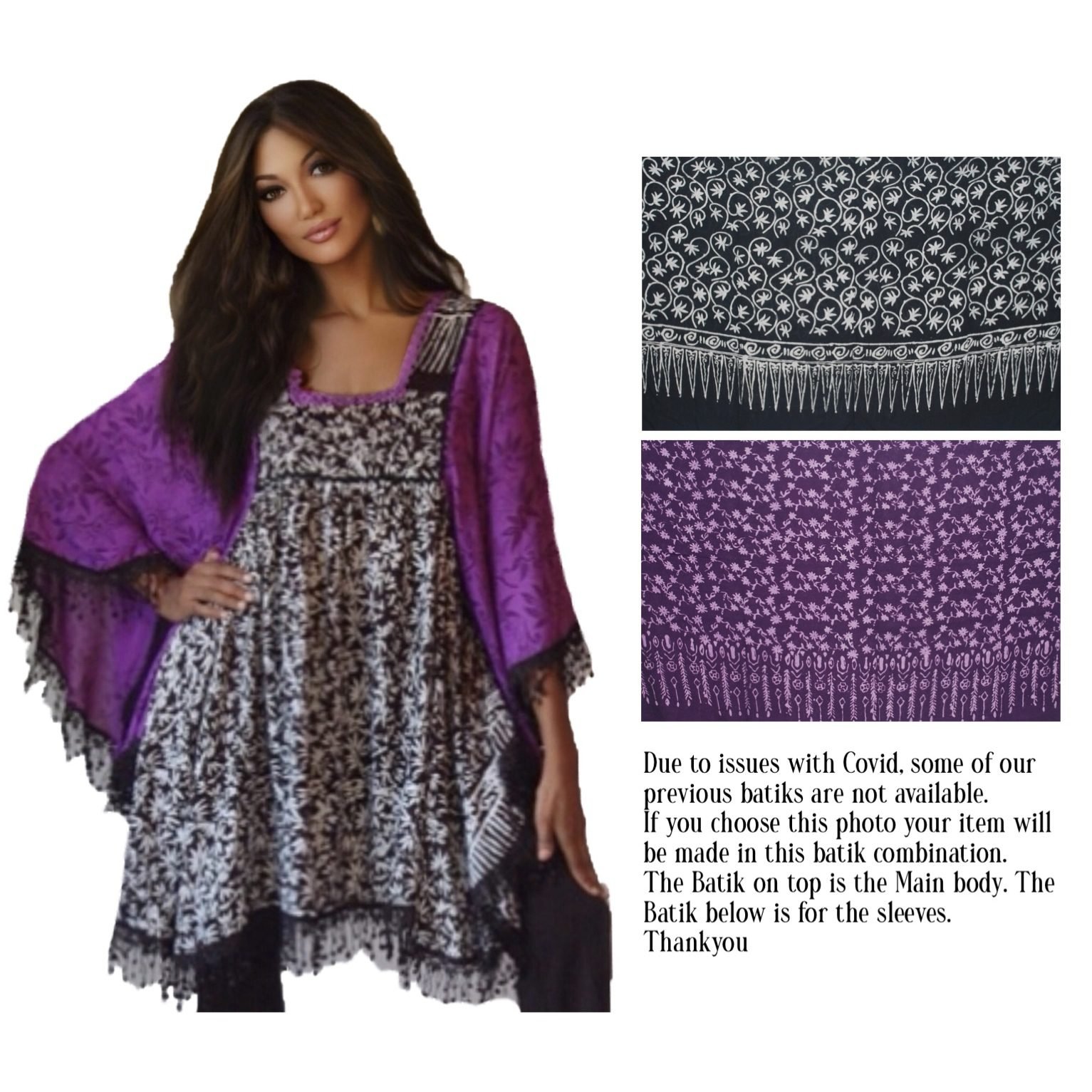 Gypsy Tunic Top, Lace Trim, Gauzy Batik, Butterfly Sleeves, N791 ...
