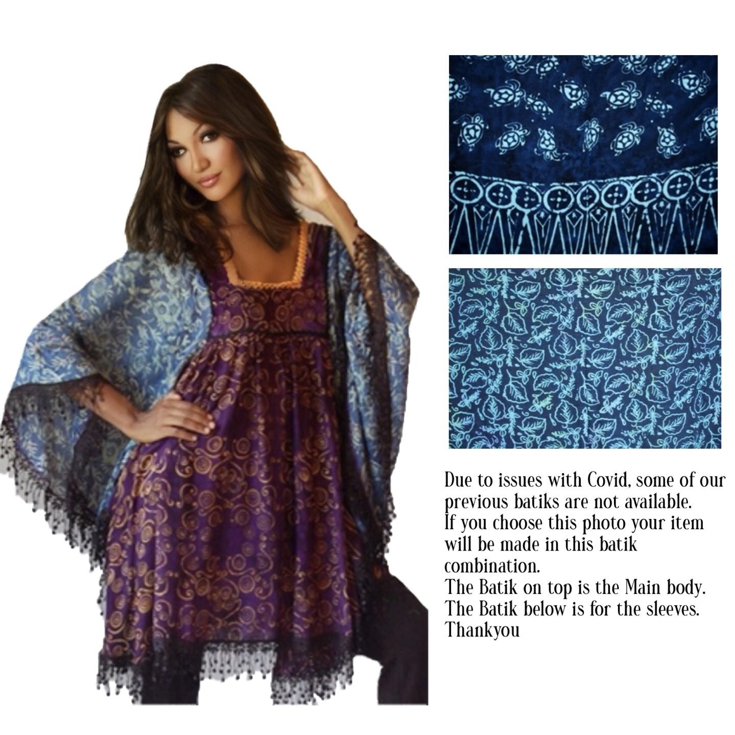 Gypsy Tunic Top, Lace Trim, Gauzy Batik, Butterfly Sleeves, N791 ...