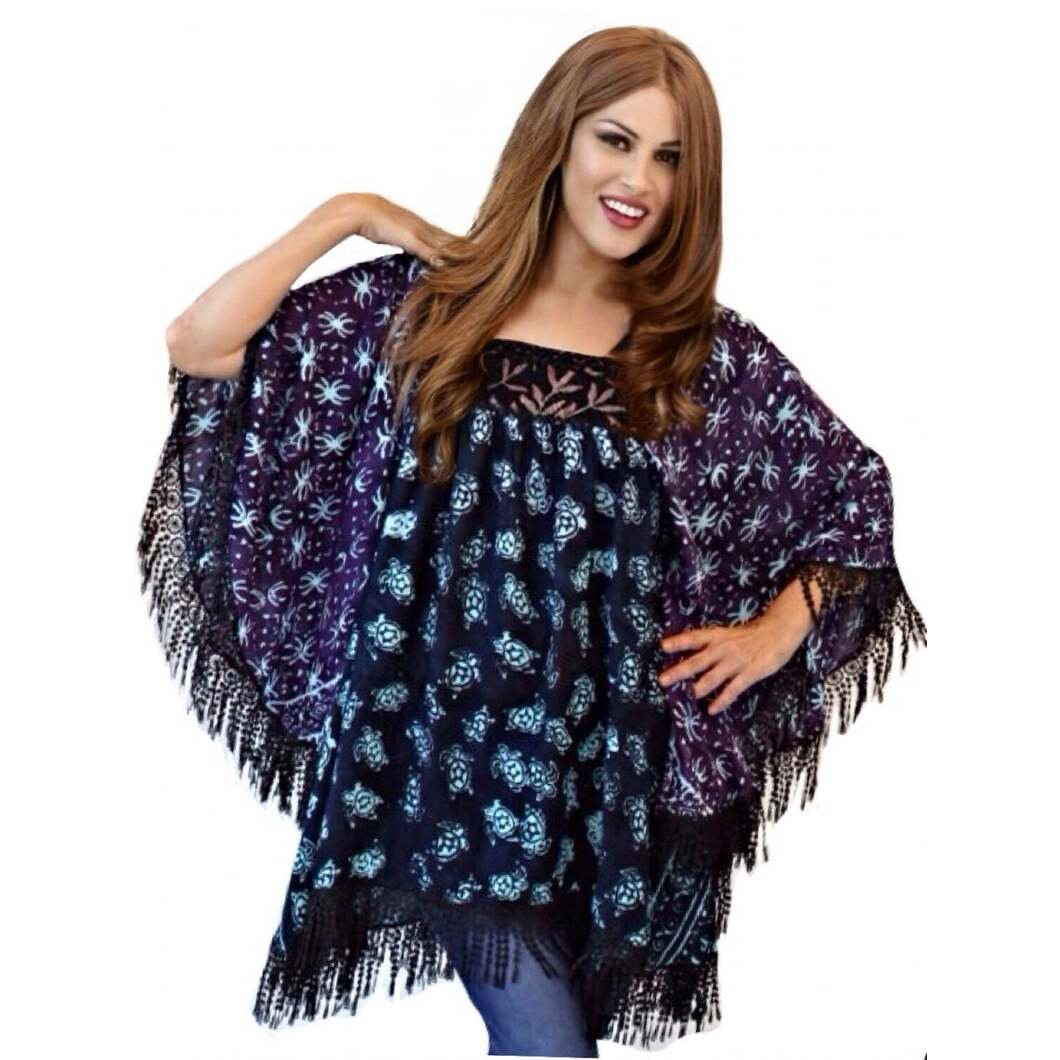 Gypsy Tunic Top, Lace Trim, Gauzy Batik, Butterfly Sleeves, N791 ...