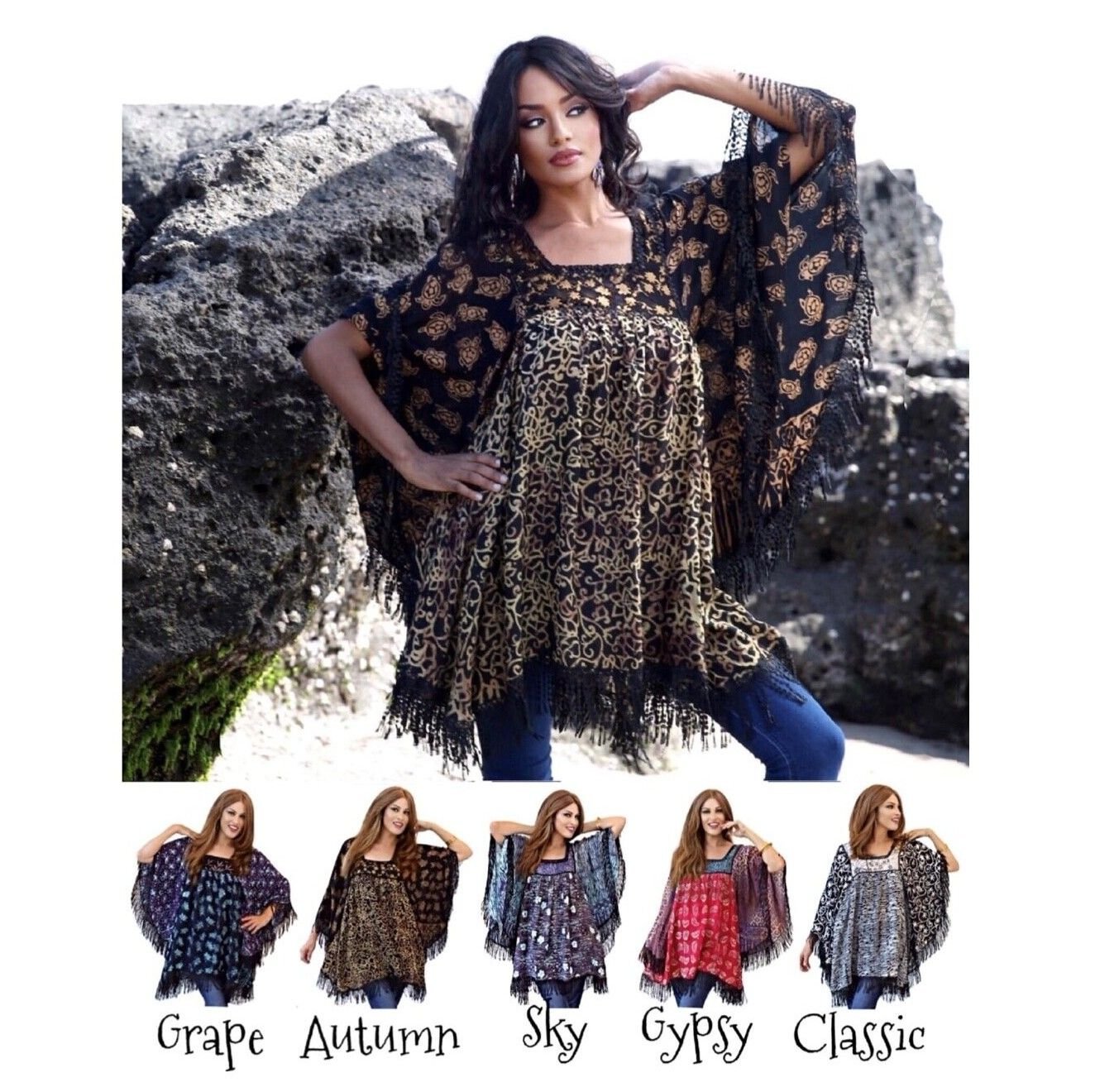 Gypsy Tunic Top, Lace Trim, Gauzy Batik, Butterfly Sleeves, N791 ...