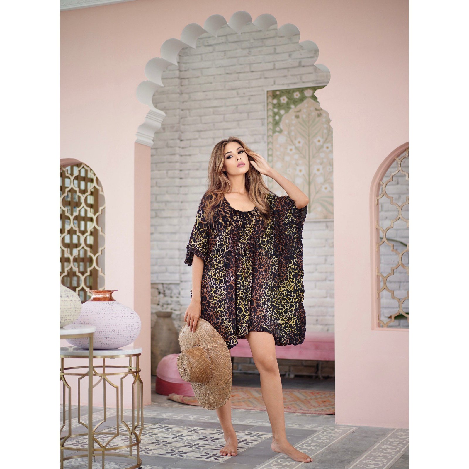 Kaftan Dress, Short Ruffled Dress, Empire Drawstring waist, Caftan ...