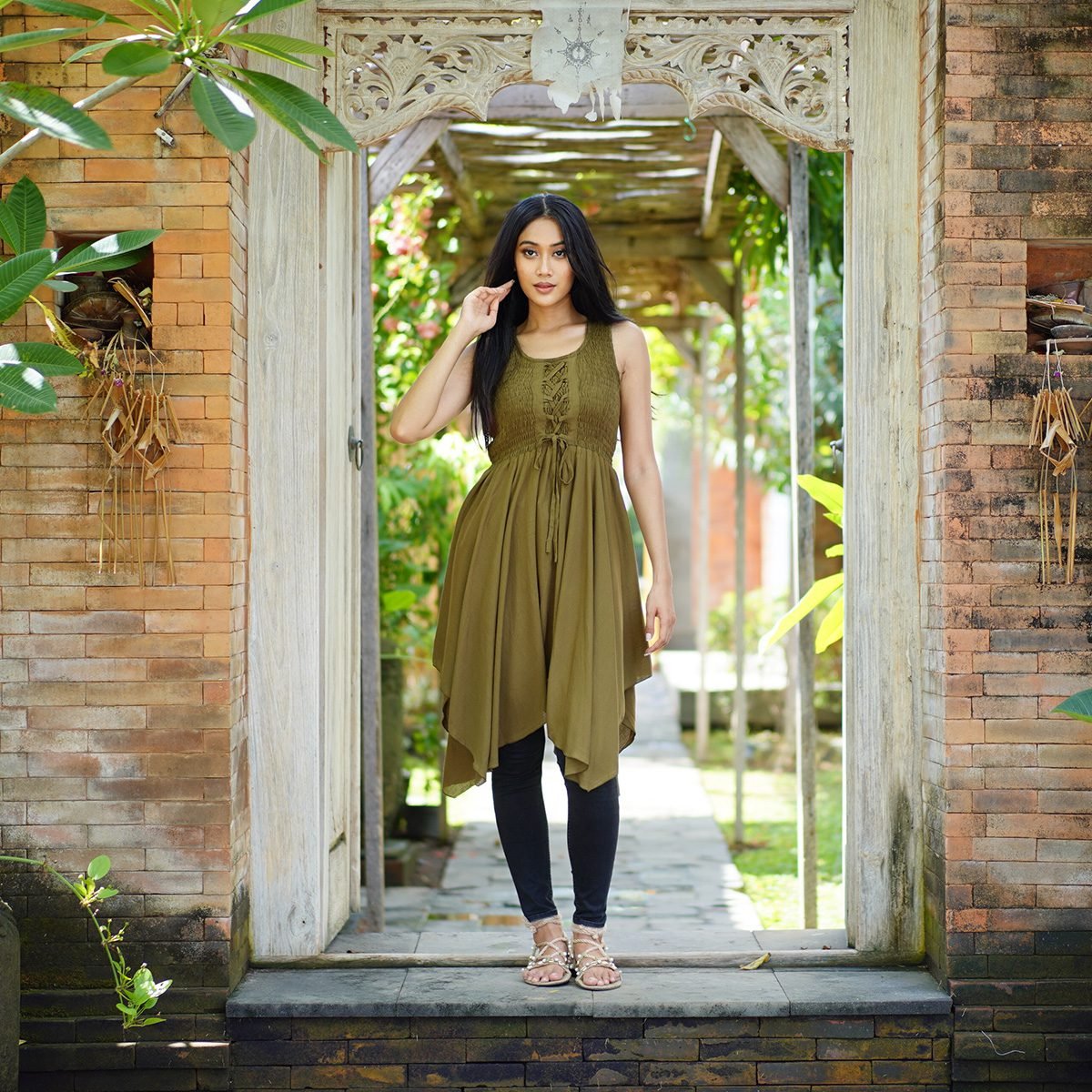 Boho Short Dress, Goth Top, Asymmetrical Lace-Up, Smocked Bodice, Crinkle Rayon All Sizes ...