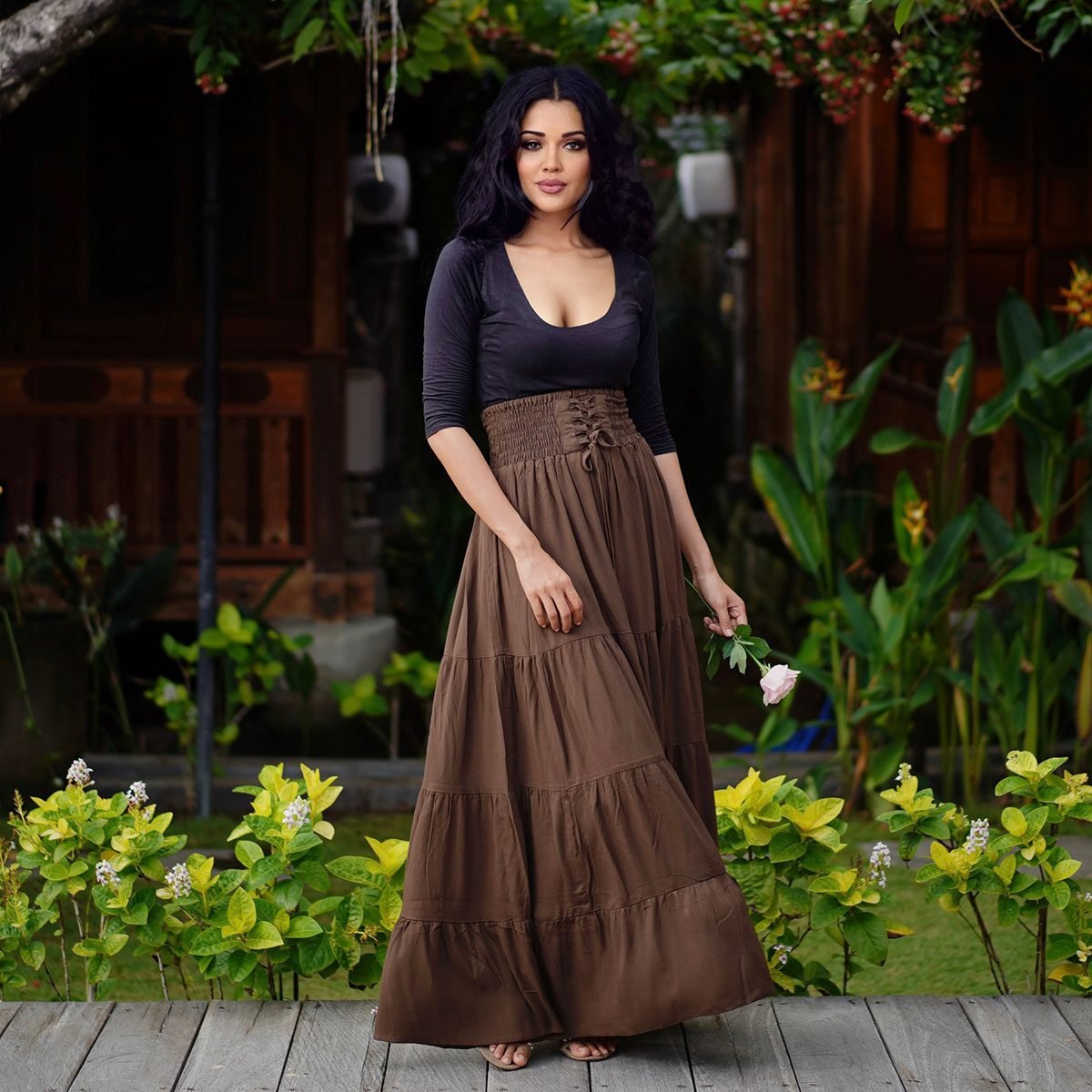 Maxi Skirt, Ren Faire, Tiered Skirt, Wide Elasticized Lace Up Waistband ...