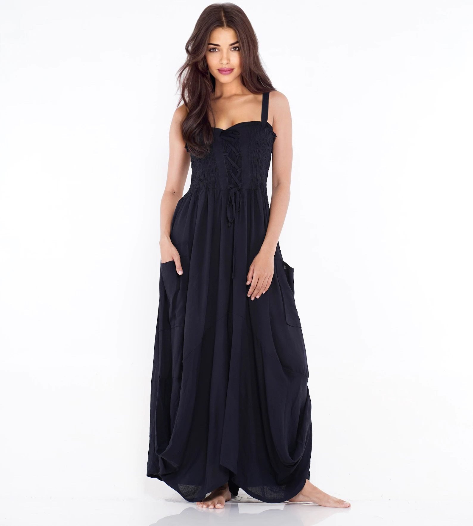 CottageGoth, Maxi Dress Boho, Pockets Lacing, Smocked Bodice, Spaghetti ...